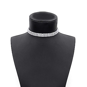 Zealmer 3 Row Rhinestone Choker Necklace for Women White Gold Plated, 12.4 inch