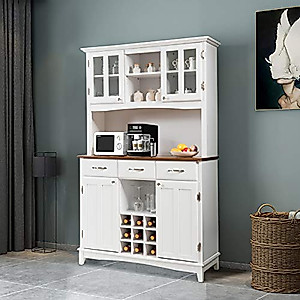 Giantex Buffet Hutch Cabinet, Kitchen Hutch Sideboard, Buffet Cabinet on Storage Island, Wood Kitchenware Server with 3 Large Drawers and 9 Wine Bottle Modulars (White)