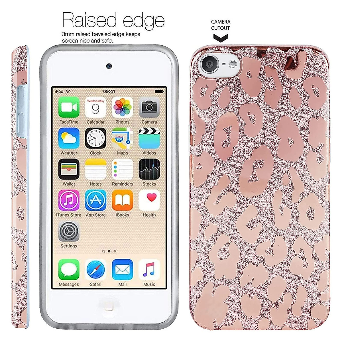 iPod Touch 7th Generation Case, J.west iPod Touch 6 iPod 5 Case, Luxury Saprkle Bling Glitter Metallic Leopard Print Design Soft Slim Protective Cases for Women Girls Silicone Cover Rose Gold