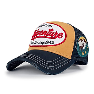 ililily Premium Adventure Patch Structured Trucker Hat Distressed Baseball Cap (as1, Alpha, m, Yellow - Adventure)