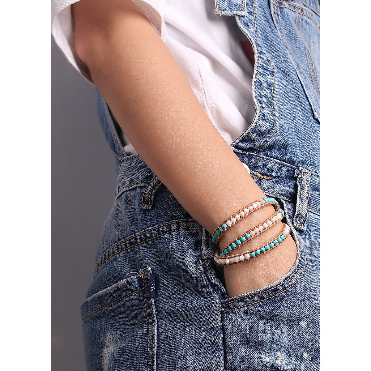 KELITCH Shell Created-Turquoise Beaded Bracelets Handmade Leather 3 Wrap Bracelets Chic Bangle Jewelry