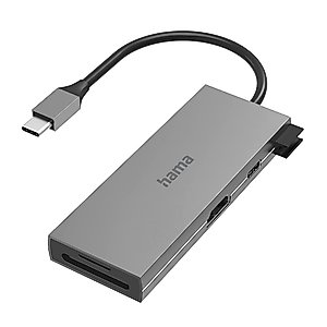 Hama USB C Hub 6 Ports (Multiport Adapter 1x HDMI 4K, 2X USB-A, 1x USB-C for Transfer Data and Charging with PD, 2X Card Reader SD and microSD, USB C Adapter 6-in-1 for Office, Home Office) Aluminium