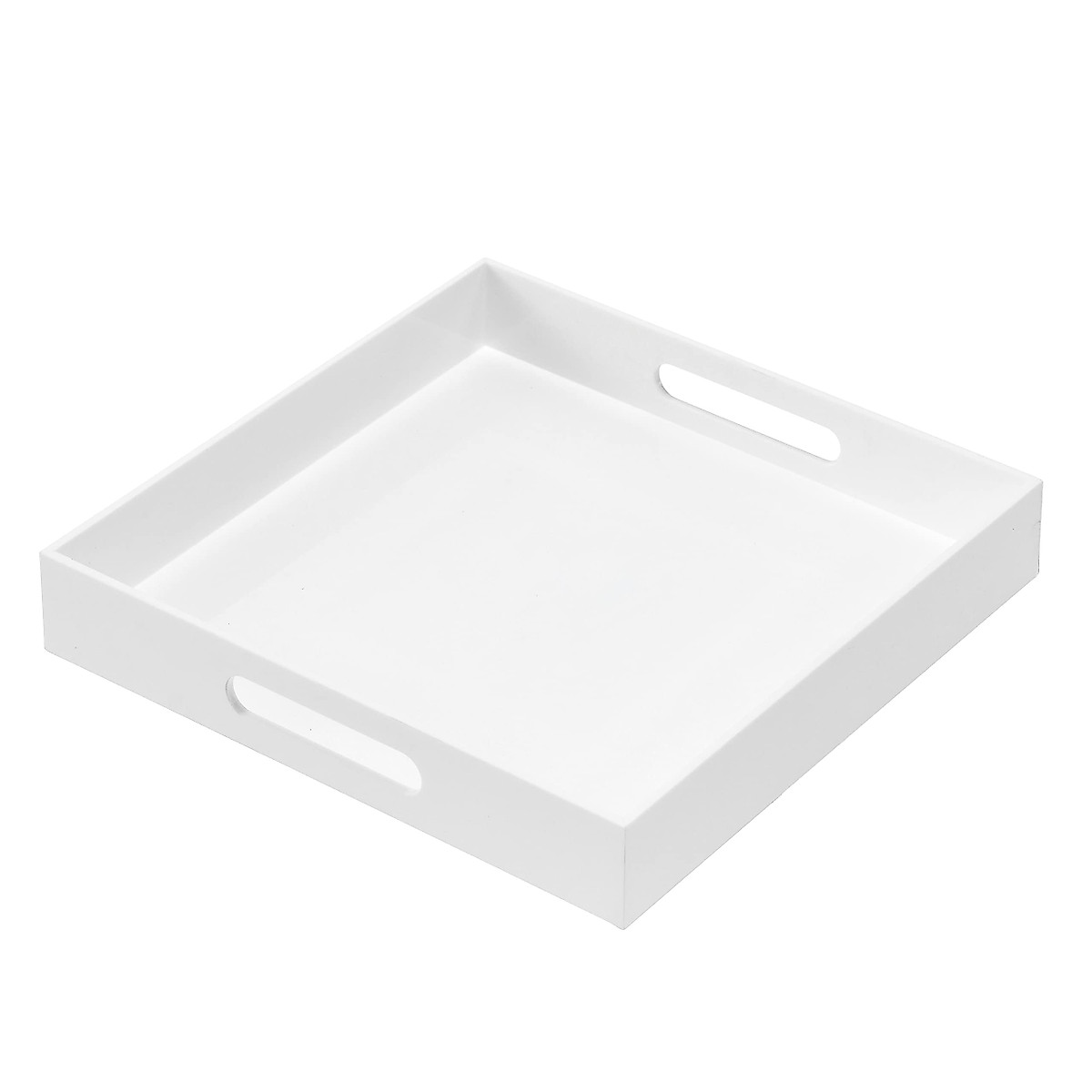 MUKEEN Glossy White Acrylic Serving Tray with Handles, 12x12x2H Inches - Spill Proof, Decorative Trays for Countertop, Ottoman Coffee Table, Nightstand, Breakfast, Tea, Food