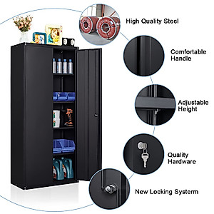 GREATMEET Metal Storage Cabinet with Locking Door and 4 Adjustable Shelves,70.8" H Lockable Steel Storage Cabinet for Home,Office,School Black