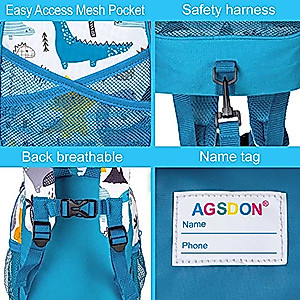 AGSDON Toddler Backpack with Leash, 9.5" Baby Dinosaur Safety Leashes Removable Tether Bookbag