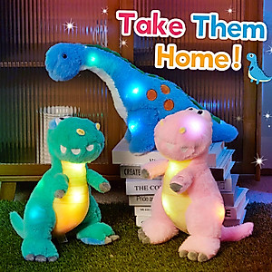 Houwsbaby 14” Blue Light up Dinosaur Stuffed Animal Floppy LED Glowing Diplodocus Plush Toy Night Lights Glow Pillow Long Neck Birthday Presents for Kids Toddler Girls and Boys