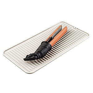 mDesign Silicone Heat-Resistant Hair Care Styling Tool Mat for Curling or Flat Irons, Straighteners on Bathroom Countertop, Raised Edges, Non-Slip, Waterproof, Small, Linelle Collection, Cream