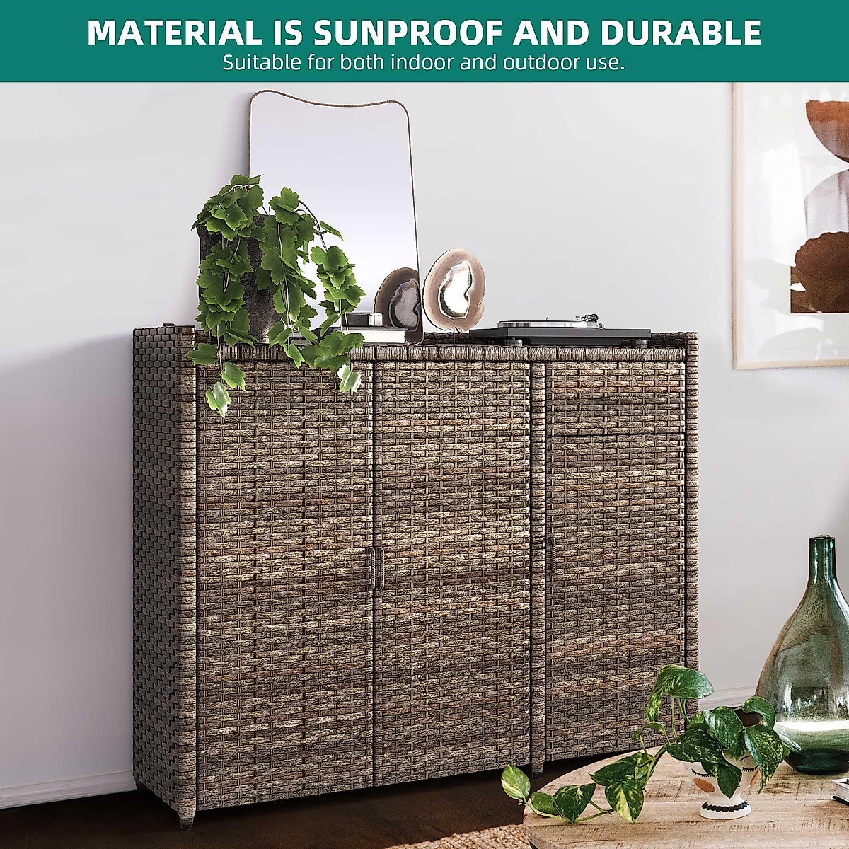 YITAHOME Outdoor Storage Cabinet, Weather-proof Rattan Bar Table with Two Doors, Adjustable Shelves & Foldable Drawer, Wicker Patio Storage Box for Outdoor Cushions, Pool Toys and Garden Tools - Brown