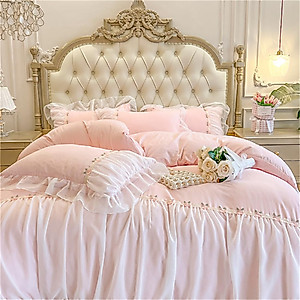 MOOWOO Pink Bedding-Romantic Ruffle Lace Bedding Set 2 Piece Comforter Twin Duvet Cover with Zipper Closure,Coquette Room Decor-Pink,Twin Size