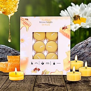 Ashlux Unscented Beeswax Tealight Candles 20 Pack, 4 Hours Long Burning Handmade Yellow Tea Lights Candles, Clear Cup Smokeless Beeswax Candles for Wedding, Party, Centerpiece & Home Decor