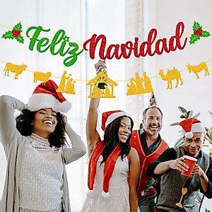 Merry Christmas Decoration Feliz Navidad Banner Nativity Garland Joy to the World backdrop Religious Xmas party Ornament Holy New Year Jesus Santa Bible God Bless theme Party Event Glitter Decor