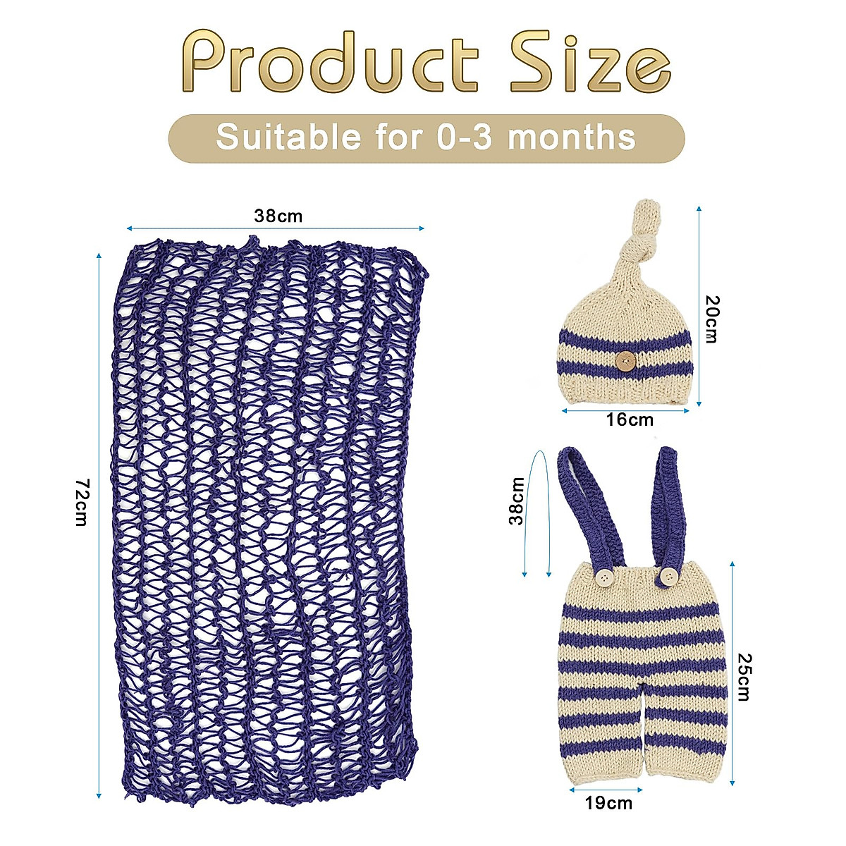 3 PCS Newborn Photography Prop Baby Hat Knitted Handmade Cover Diaper with Toddler Swaddle Blankets Wraps for Infant Boy Girl Princess Twins