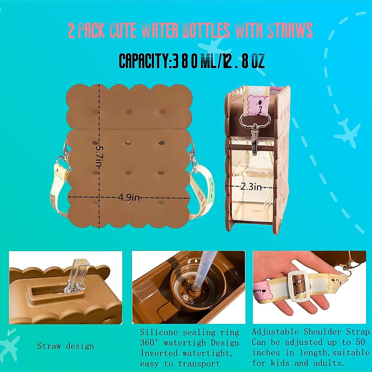 2 Pieces Cute Water Bottles with Straws, Creative Kawaii Biscuit Shaped Plastic Leakproof Juice Drinking Cup with Adjustable Shoulder Strap for School Outdoor Camping Sports (Pink,Coffee color)