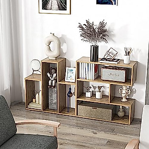 Tangkula 6 Cubes Bookcase, 2-Piece Separable Floor Standing Open Horizontal Bookshelf, Multifunctional Display Storage Shelf Room Organizer for Living Room Study Office, 52 x 12 x 33 Inch (Yellow-Oak)