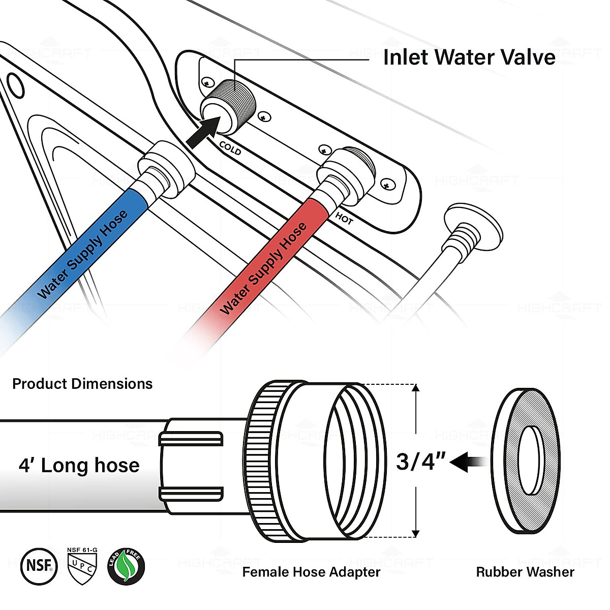Highcraft CNCT2564L Hose Connector, for Hot and Cold Water, Washing Machine Supply Line, EPDM Rubber Tube Cover 4 Feet (Pack of 2 1 Ft, Red/Blue
