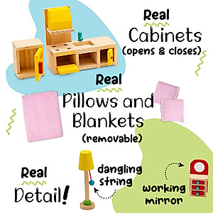 Wooden Dollhouse Furniture Set - 27 Piece Kit - Living Room, Bedroom and Kitchen Accessories, 100% Natural Wood, Nontoxic Paint, Smooth Edges