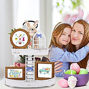 Farmhouse Tiered Tray Decor for Easter/St Patrick's Day/Valentines Decor (Tray Not Included), Rustic Interchangeable Seasonal Decor Set with Wooden Frames, Cards, Arch, Ladder,Easter Table Centerpiece