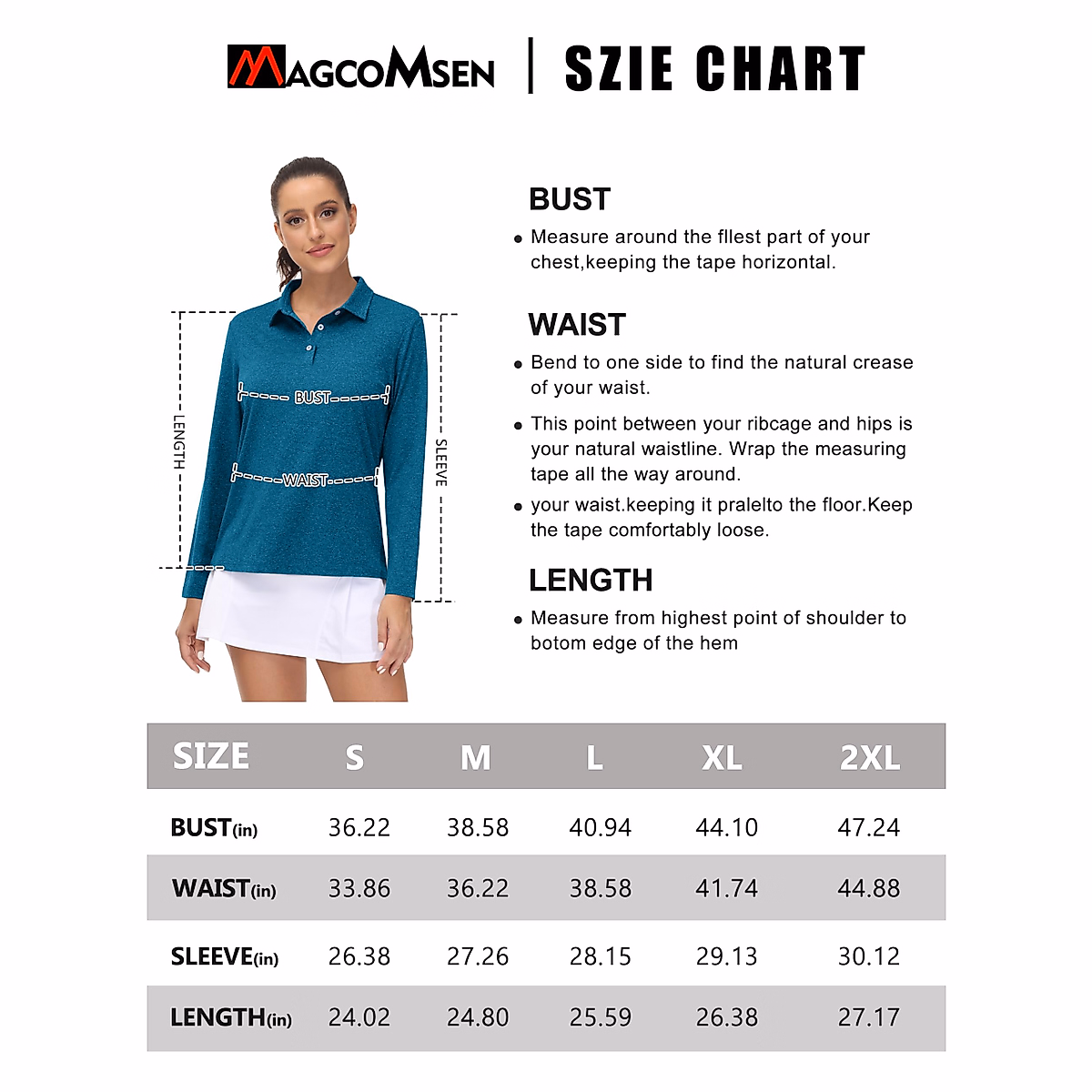 MAGCOMSEN Women Polo Shirts for Work Athleisure Cool Activewear Dry Fit Full Sleeve Tshirts SPF 50 Tops, P Blue, L