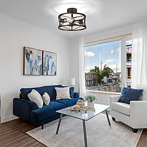 SunRider Industrial 3-Light Semi Flush Mount Ceiling Light, Bronze Farmhouse Lighting Fixture with Metal Cage, Retro Pendant Lamp for Hallway Kitchen