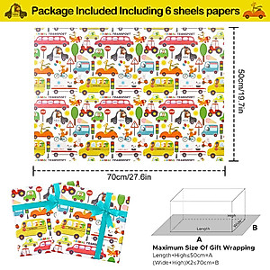 NEPOG Birthday Wrapping Paper for Kids Boys Girls, Animal Transport Design Gift Wrapping Paper, Cartoon Animals 6 Sheets Folded Flat 20x28 inches per Sheet for Birthday Baby Shower