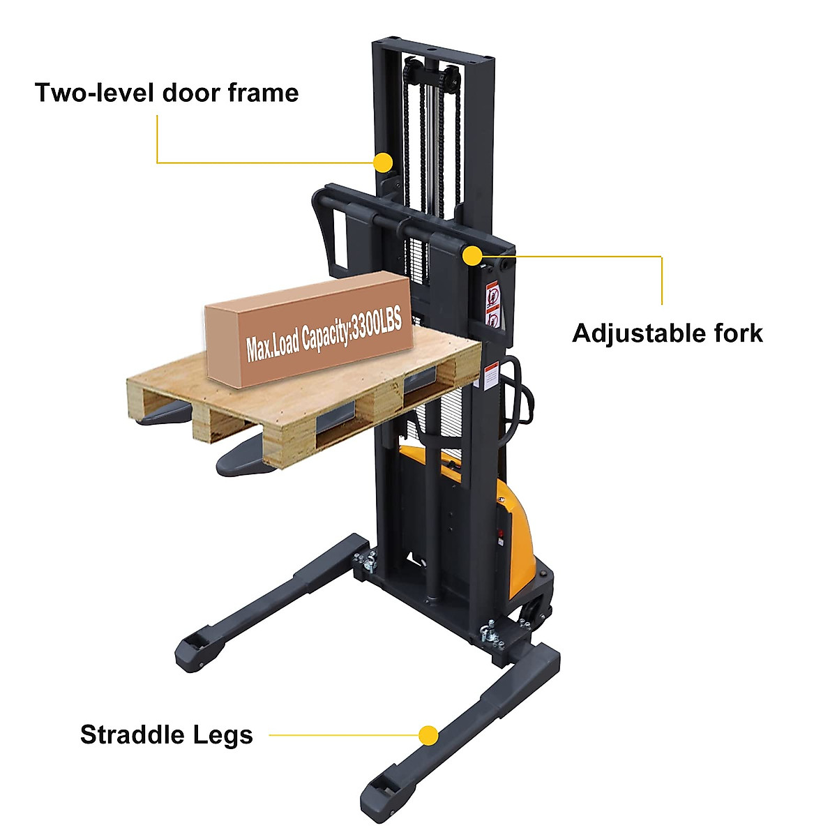 Economy Semi Electric Pallet Stacker 98inch Lifting Height Material Lifter for Warehouse 3300lbs Capacity Straddle Legs with Adjustable Forks
