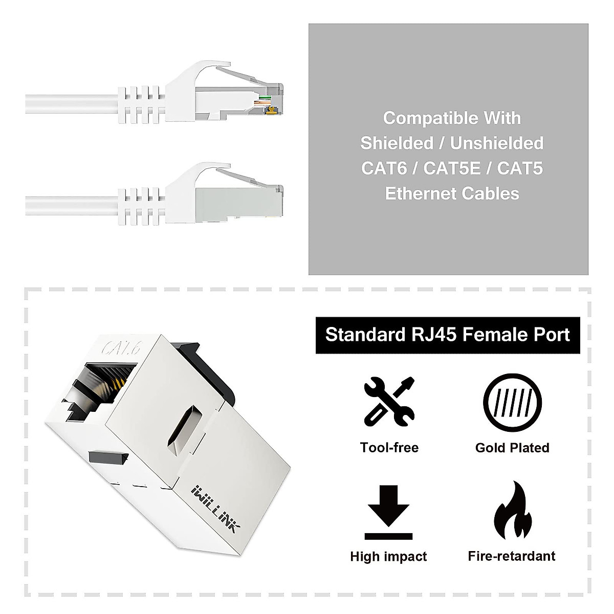 iwillink Cat6 Coupler RJ45 Cat6 Shielded Coupler 25-Pack, Ethernet Coupler, Female to Female Cat6 Keystone Jack, STP Keystone Insert Inline Coupler, Silver