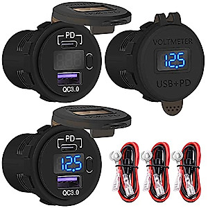 DaierTek 12V USB C Car Charger Socket, 12V USB Outlet, 48W PD Type C & QC 3.0 12 Volt Dual USB Charging Port Waterproof with Voltmeter & ON/Off Switch for Car Marine Boat Golf Cart -3Pack