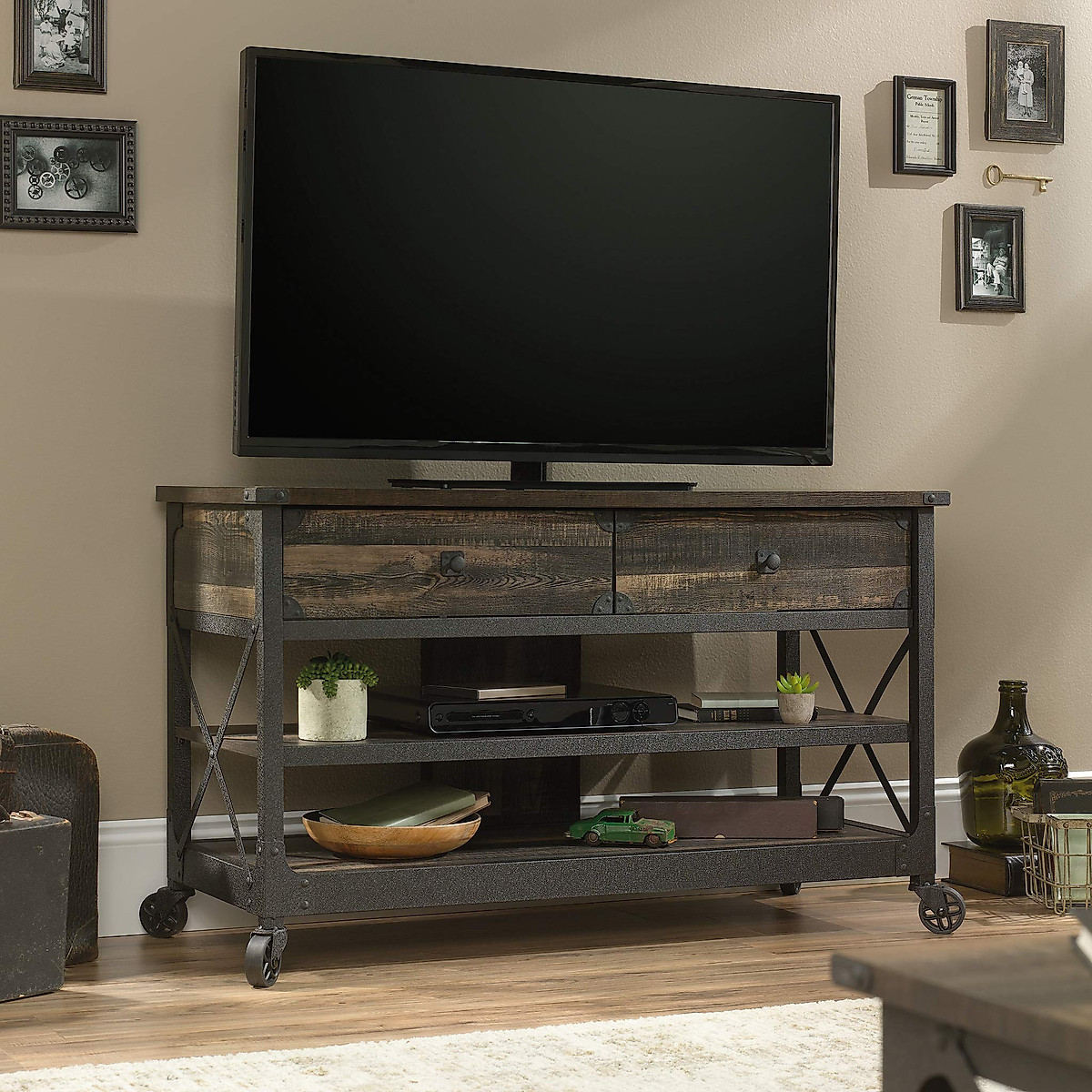 Sauder Steel River TV Stand, for TVs up to 52", Carbon Oak Finish