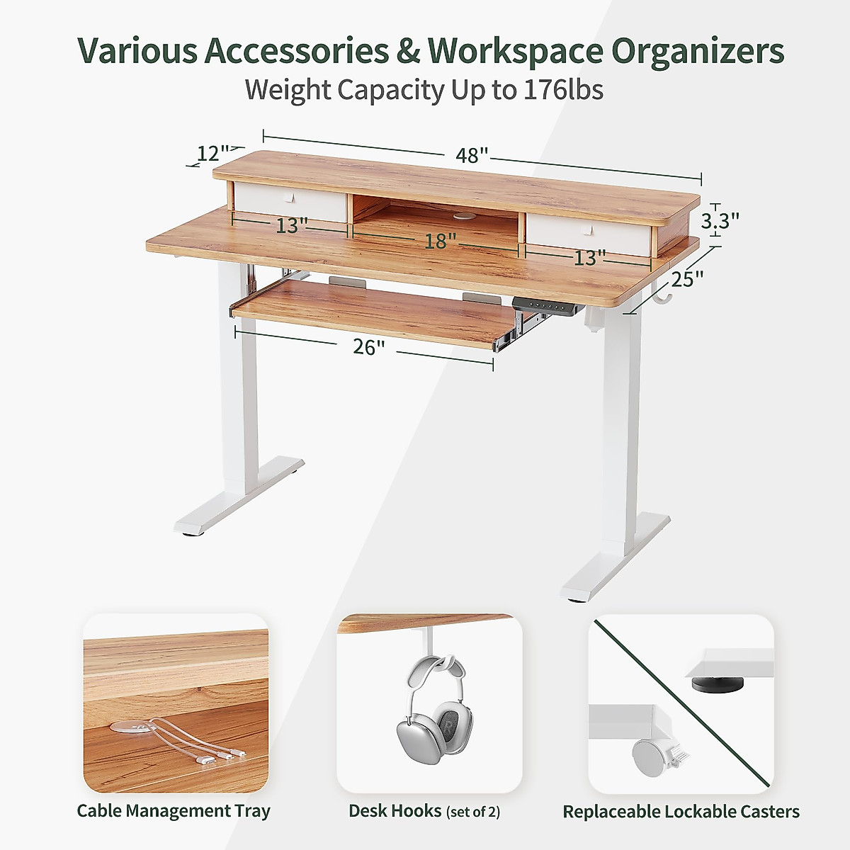 BANTI 48'' Height Adjustable Electric Standing Desk with Keyboard Tray, Home Office Desk Computer Workstation with Storage Shelf, Sit Stand Desk, Light Rustic Top