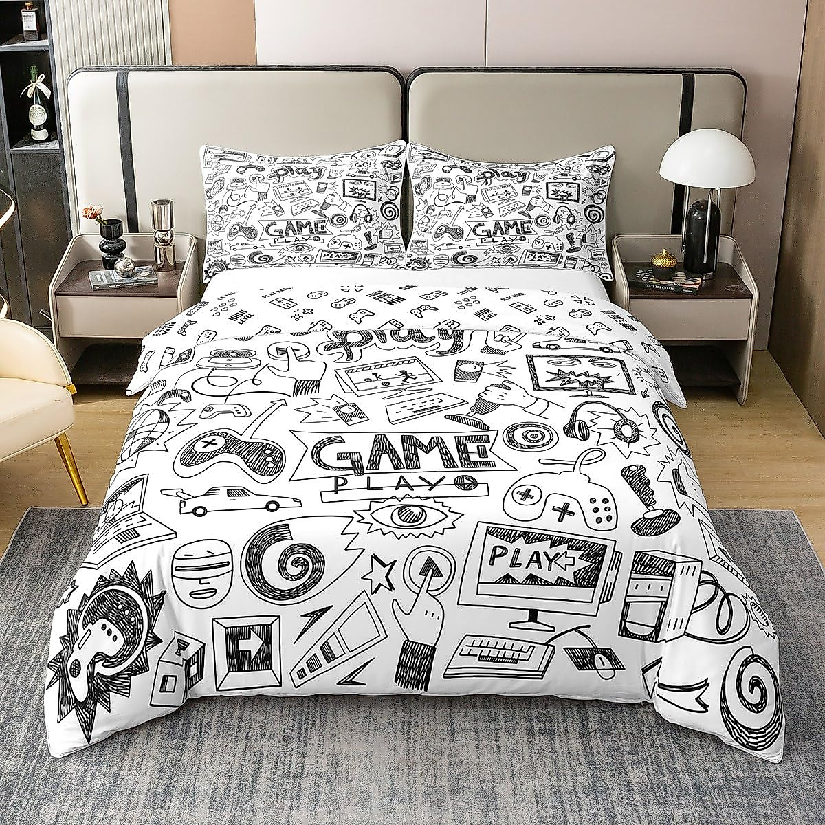 Reversible 100% Cotton Gaming Comforter Cover Full, Kids Gamepad Cartoon Bedding Set, Video Games Gamers Duvet Cover, Hip Hop Graffiti Quilt Cover, Racing Car Bedspread Cover Comfy, Black White