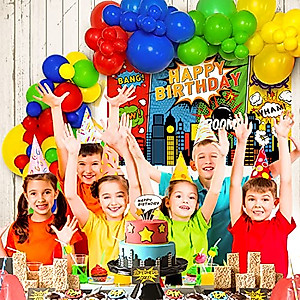 Happy Greetings 108 Pcs Super hero party decorations Balloons Arch Garland Kit, Superhero Birthday Party Backdrop hero Comic City Skyline Buildings Backdrop Theme Photo Booth 1st 2nd Bday For Kids Boy