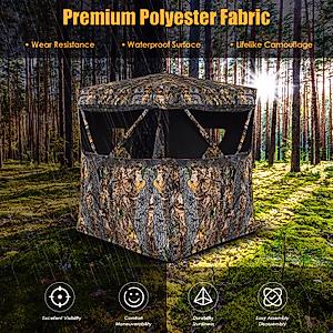 GYMAX Hunting Blind, 3 Person Pop Up See Through Silent Sliding Ground Blind with Hub System, Triangle Zipper Door & Carry Bag, Camouflage Mossy Backwoods Waterproof Deer Hunting Blind Tent