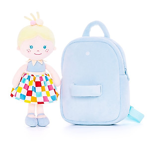 Onetoo Toddler Kids Backpack with Soft Baby Dolls in Plaid Dress 9.5"