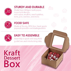 Bubbley Kraft Paper Bakery Boxes - 50-Pack Single Pastry Box 4-Inch, Packaging with Clear Display Window, Donut, Mini Cake, Pie Slice, Dessert Disposable Take-Out Container, Brown, 4 x 2.3 x 4 Inches