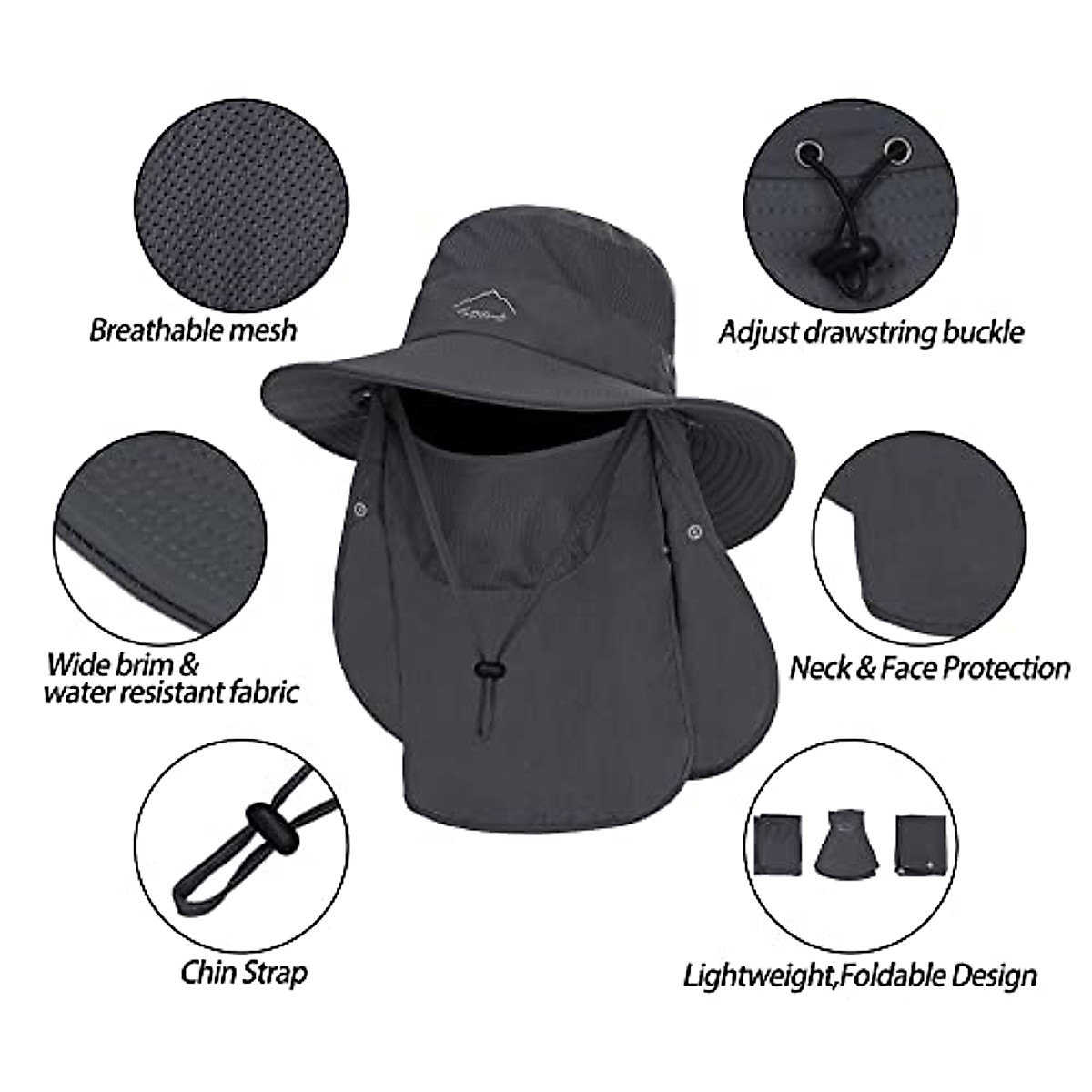 Men's Wide Brim Sun Fishing Hat Outdoor UPF 50+ Sun Protection with Removable Face and Neck Flap Dark Grey