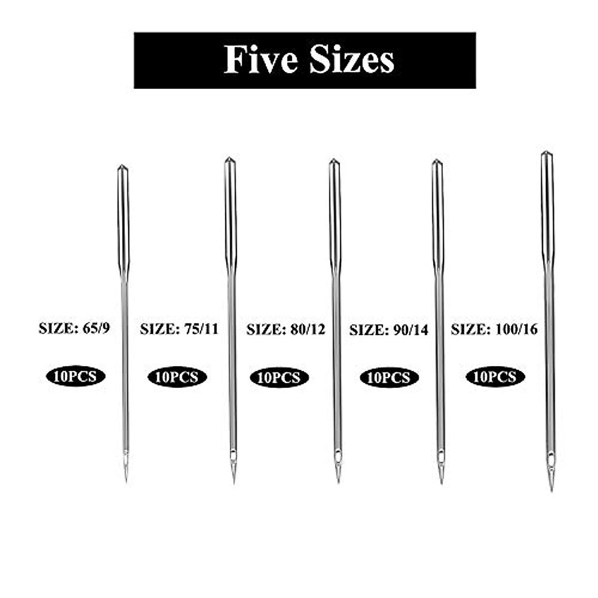 Sewing Machine Needles, 50 Count, Universal Regular Point for Singer, Brother, Janome, Varmax, Sizes 65/9, 75/11, 80/12, 90/14, 100/16