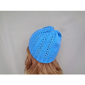 Womens Beanie Hat with Lace Design, Sky Blue, 100% Wool, Hand Knit Snug Cap, Teen Girls Skater Skullie