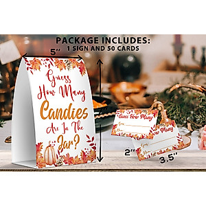 Guess How Many Candy Are In The Jar - Candy Guessing Game, Thanksgiving Party Games, 1 Sign and 50 Game Cards, Fall Maple Leaf, Pumpkin, Baby Shower Games, Birthday Party -GH004