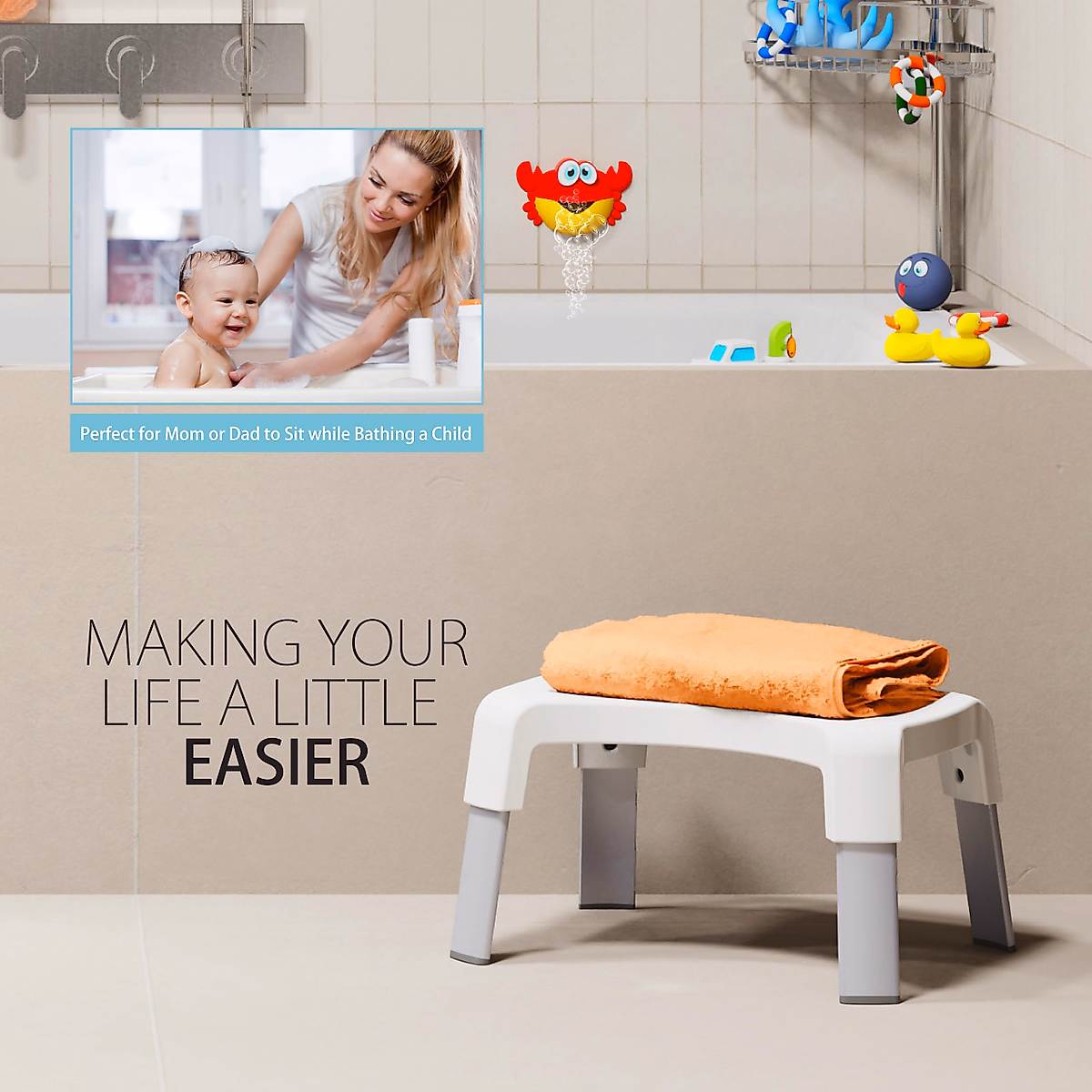 Better Living Products Smart Multi-Purpose Bathroom/Shower Stool, White with Aluminum Legs