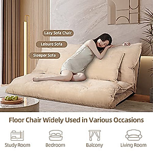 Sucrever Floor Sofa Chair with Adjustable 6-Position and 2 Pillows for Adults, Folding Lazy Sofa Sleeper Bed Couch for Reading or Gaming, Chaise Lounge Chair for Bedroom Living Room, Beige