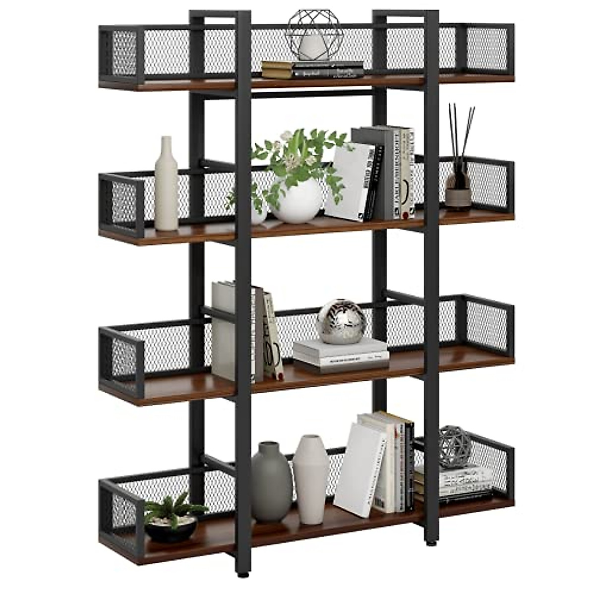 Sturdis Solid Wood Black Metal Industrial Bookshelf - 4 Tier - Visually Appealing & High Capacity for Book Storage