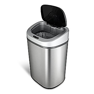 NINESTARS Automatic Touchless Infrared Motion Sensor Trash Can with Stainless Steel Base & Oval, Silver/Black Lid, 21 Gal