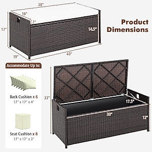 HAPPYGRILL 34 Gallon Patio Storage Bench Deck Box, 3-in-1 Rattan Wicker Storage Box with Seat Cushion & Zippered Protective Liner, Effort-Saving Gas Strut