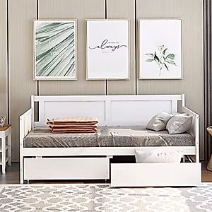 Harper & Bright Designs Twin Daybed with Two Drawers, Wood Twin Size Sofa Bed Frame with Wooden Slat Supports, Storage Daybed for Bedroom, Living Room (White, Twin with Drawers)
