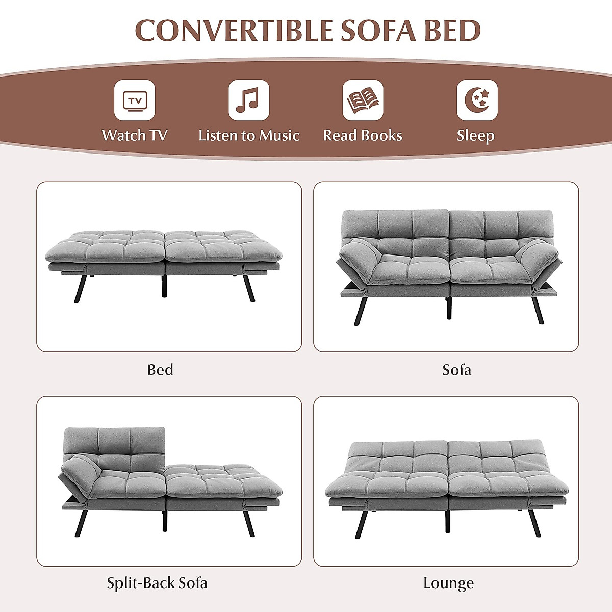 GOFLAME Convertible Sofa Bed, Memory Foam Futon Sofa Bed with Adjustable Backrest & Armrests, 6 Metal Legs, Upholstered Folding Couch Sleeper for Small Apartment, Living Room, Bedroom, Office (Grey)