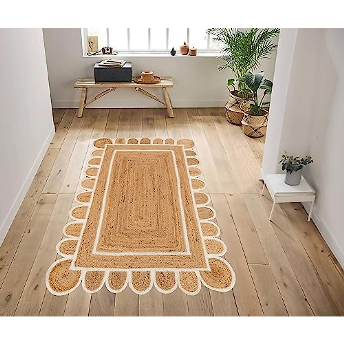 Scalloped Jute Rug 5x7- Natural Boho Bath Mat 2x3- Jute Runner Rug for Kitchen 2.6x6 ft- Seagrass Jute Rug 8x10 for Living Room Area- 3x5 Farmhouse Rugs Indoor/Outdoor (2'x3' Ft, White)