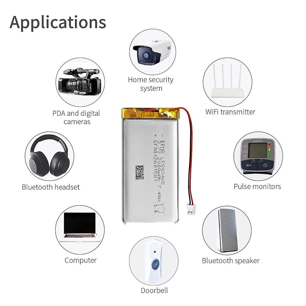 EEMB Lithium Polymer Battery 3.7V 2000mAh 803465 Lipo Rechargeable Battery Pack with Wire JST Connector for Speaker and Wireless Device- Confirm Device & Connector Polarity Before Purchase
