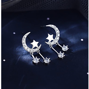 Reffeer 925 Sterling Silver Crescent Moon Star Earrings Studs for Women Teens Girls CZ Moon Studs Earrings Star Tassel Earrings (A-Silver)