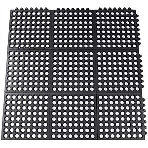 Rubber Floor Mats Anti Fatigue Kitchen Mats 9 Pack 11.8" x 11.8" Modular Rubber Interlocking Floor Tiles, Drain Pool Balcony Patio Yard Pet Area Use Restaurant Bar Floor Mat Black