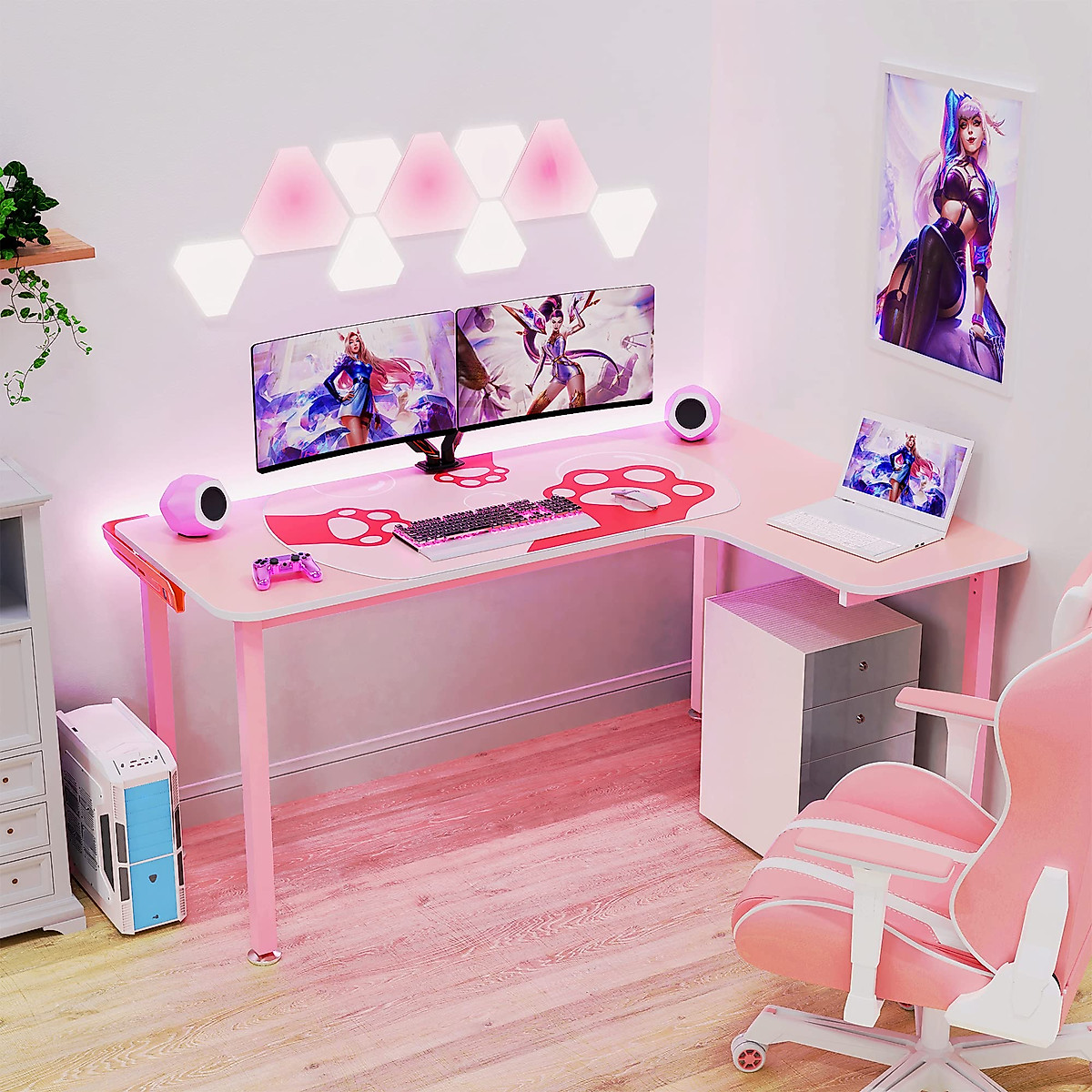 Eureka Ergonomic 61 inch L Shaped Desk, Pink Computer Gaming Desk Office Corner Desk for Home Office Study Writing Table with Mouse Pad, Easy Assembly (Right Side)